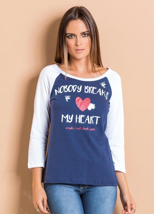 Blusa Raglan Branca e Marinho com Manga 7/8 - Queima de Estoque